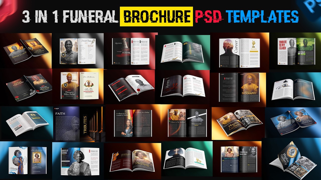 🌿3 in 1 Funeral Brochure PSD Editable Templates for Graphic Designers and Print Shops