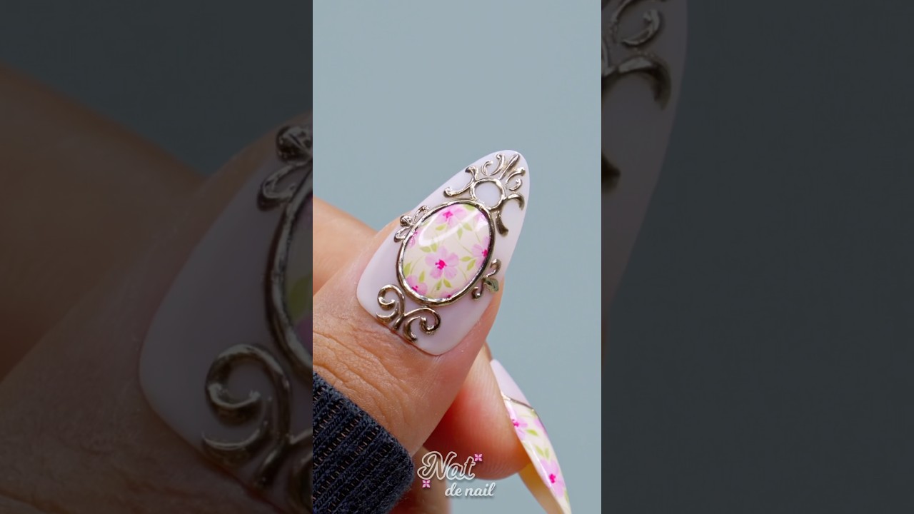 Floral Mirror Nail Art with Gold Frame #natdenail #nailtutorial #nails