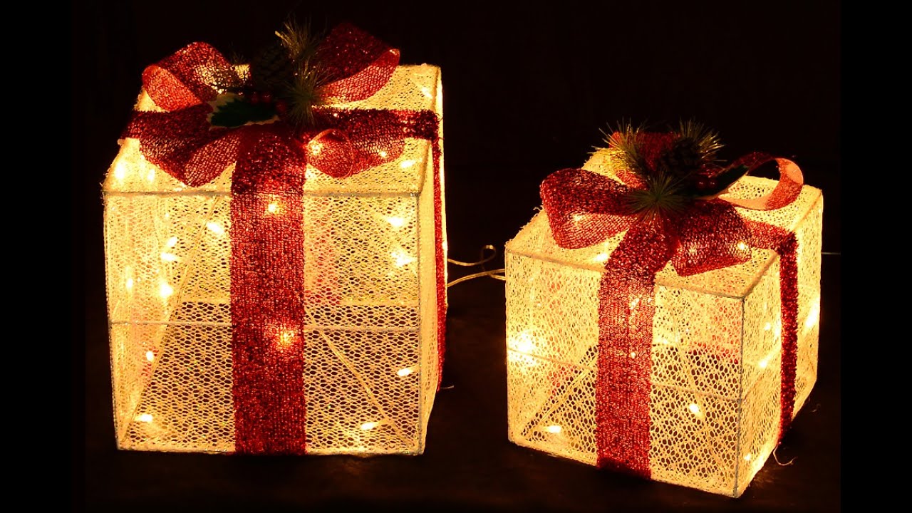 Glittered White Mesh 3D Gift Boxes With Bow & Warm White LED Lights (Static Burn)