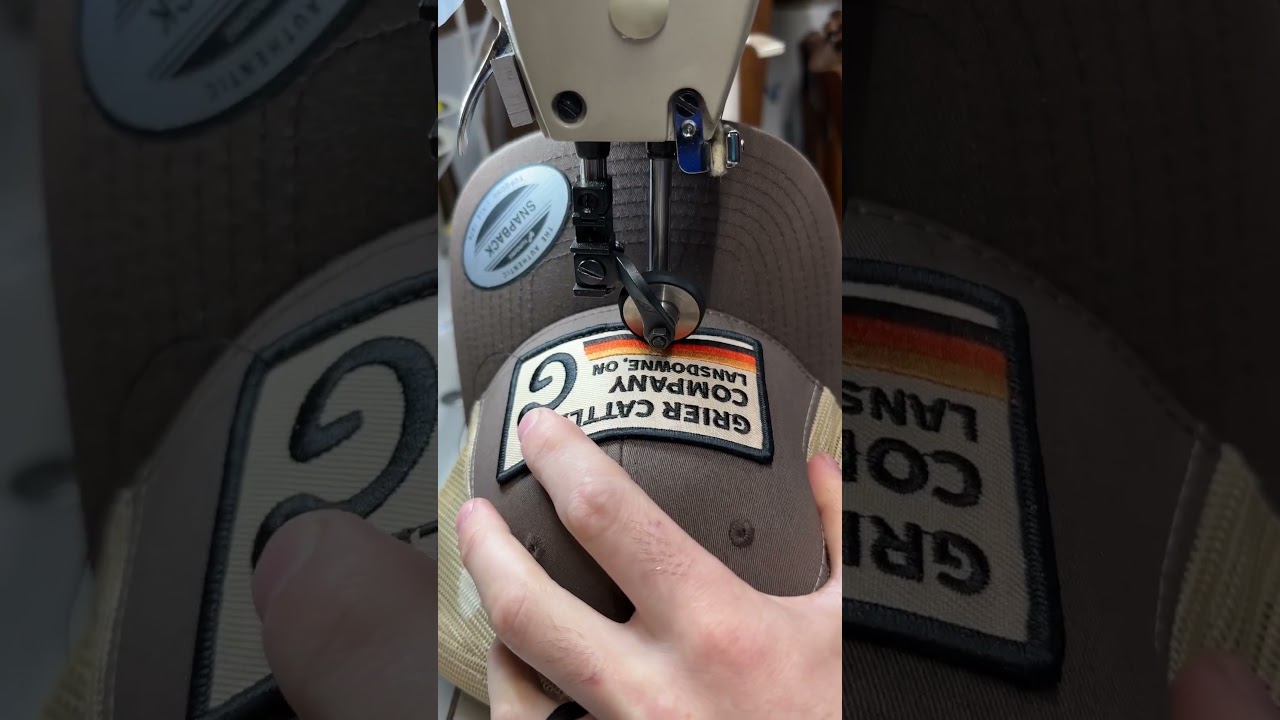 Sewing embroidered patch hats on Techsew 810 Post Bed Sewing Machine #shorts #sewing #embroidery