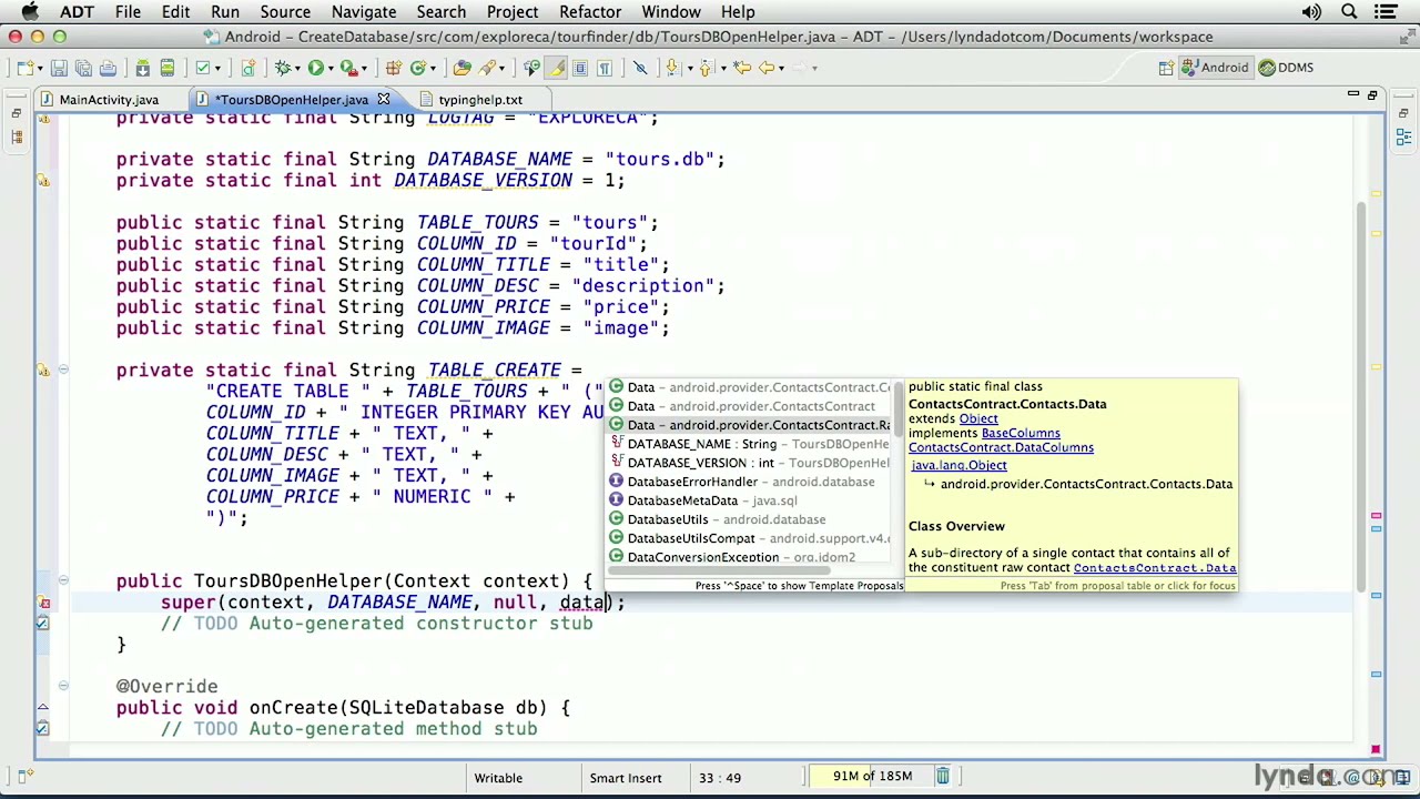 Android Development Tutorial - Defining a database with SQLiteOpenHelper