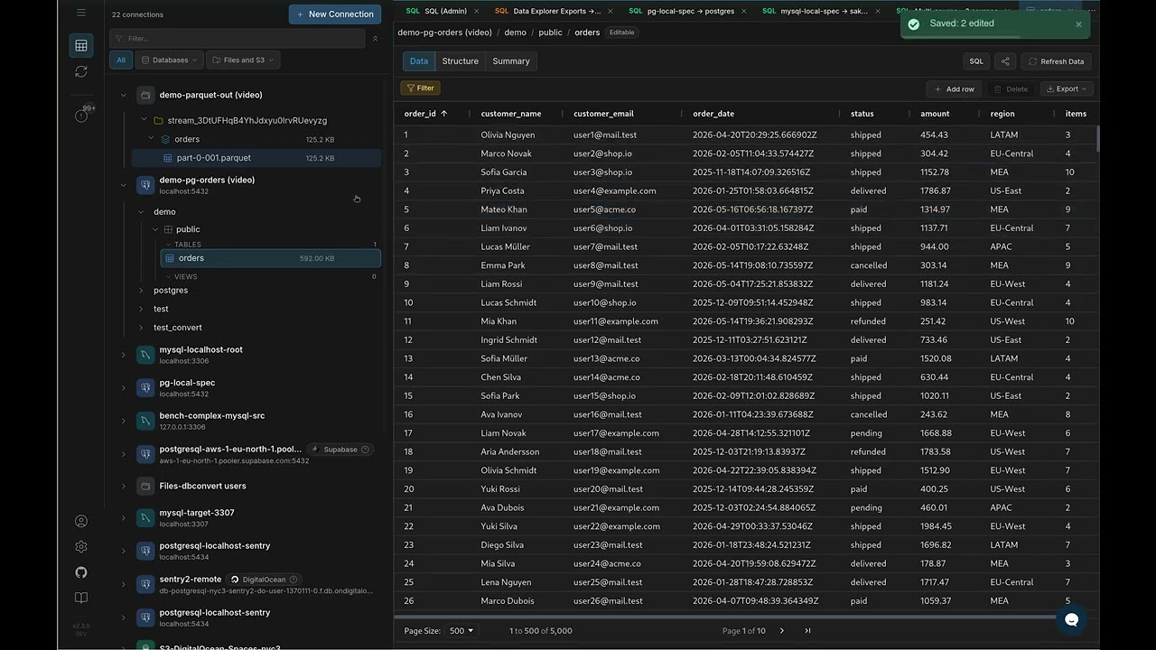 Edit Database Rows and Browse Parquet Files in DBConvert Streams