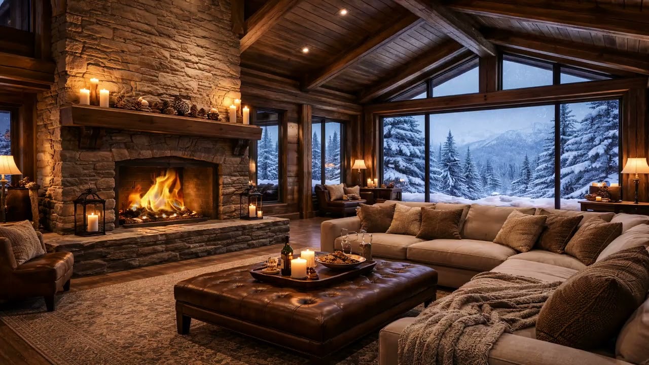 Luxury Alpine Cabin Ambience in 4K ❄️ Snowfall, Crackling Fireplace & Smooth Piano Jazz (1 Hour)