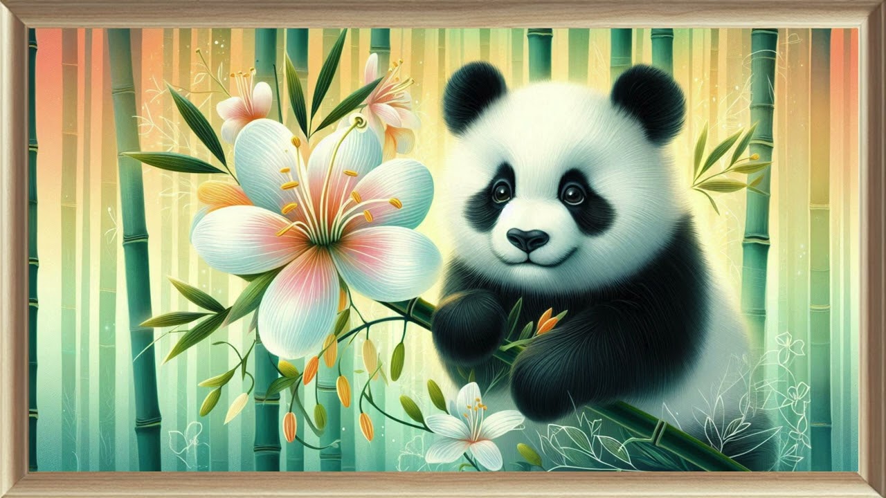 Baby Panda Bear with Flowers and Bamboo - TV Art - 4K - Screensaver - Wallpaper - Frame Art -