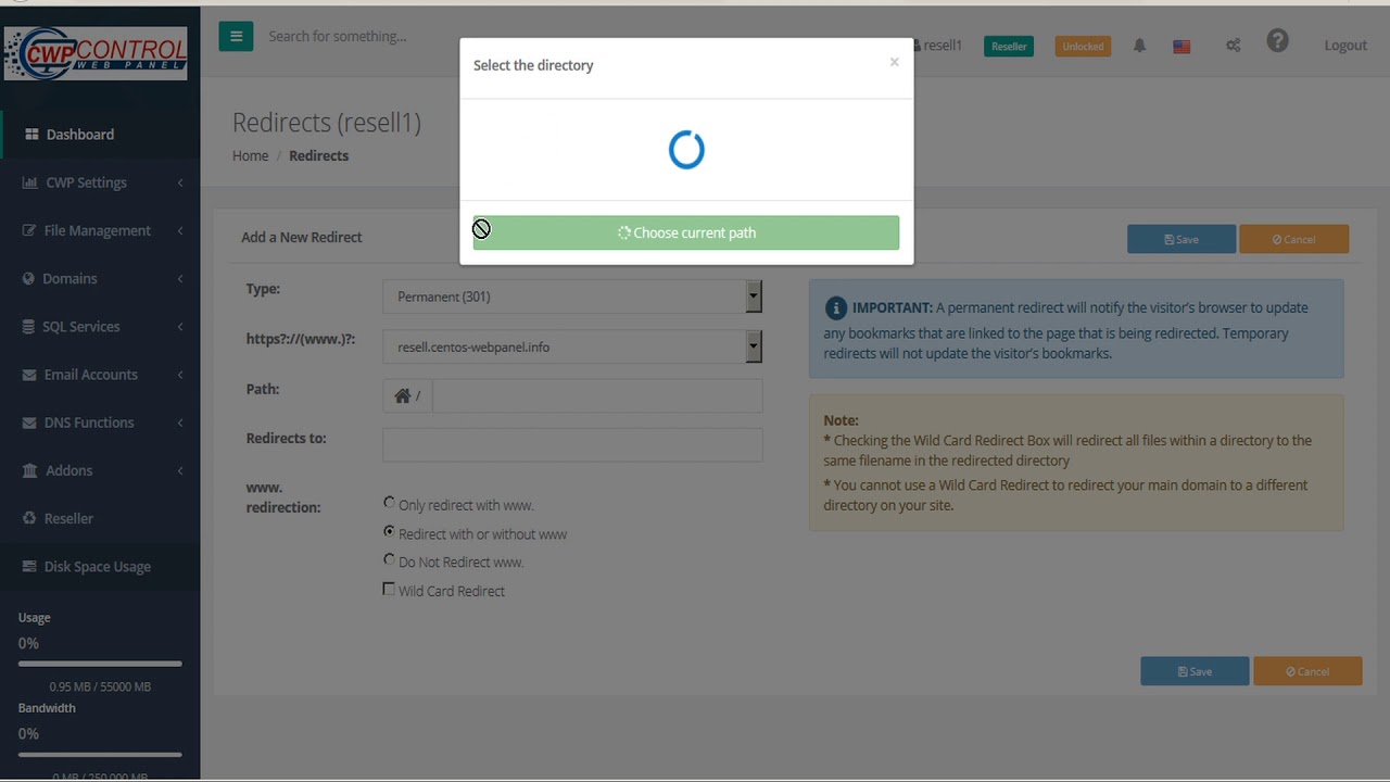 CWP - User Panel: Website Redirects tutorial