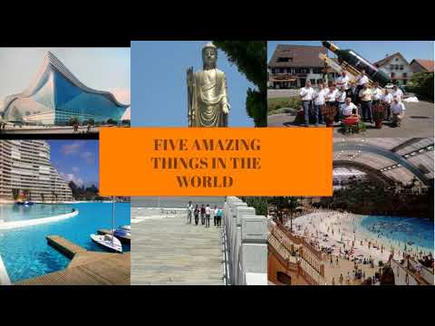 5 amazing things in the world/largest building/swimming pool/statue/aircraft /wine bottle