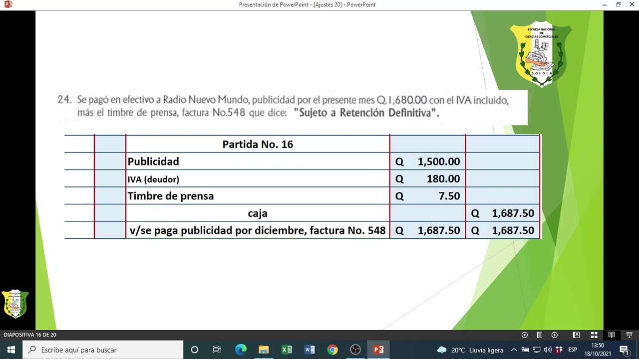 Ejercicio 20, partidas de libro diario de la 7 a la 20.