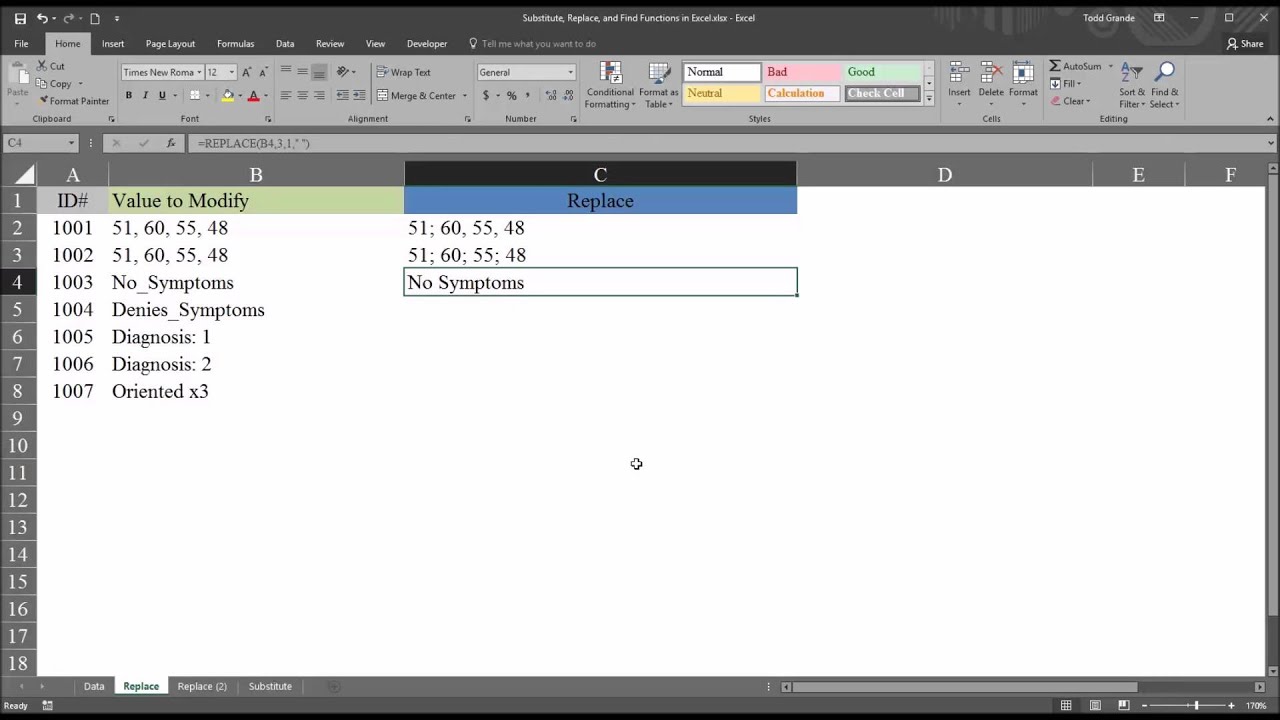 Using the Replace and Find Functions in Excel to Modify Strings