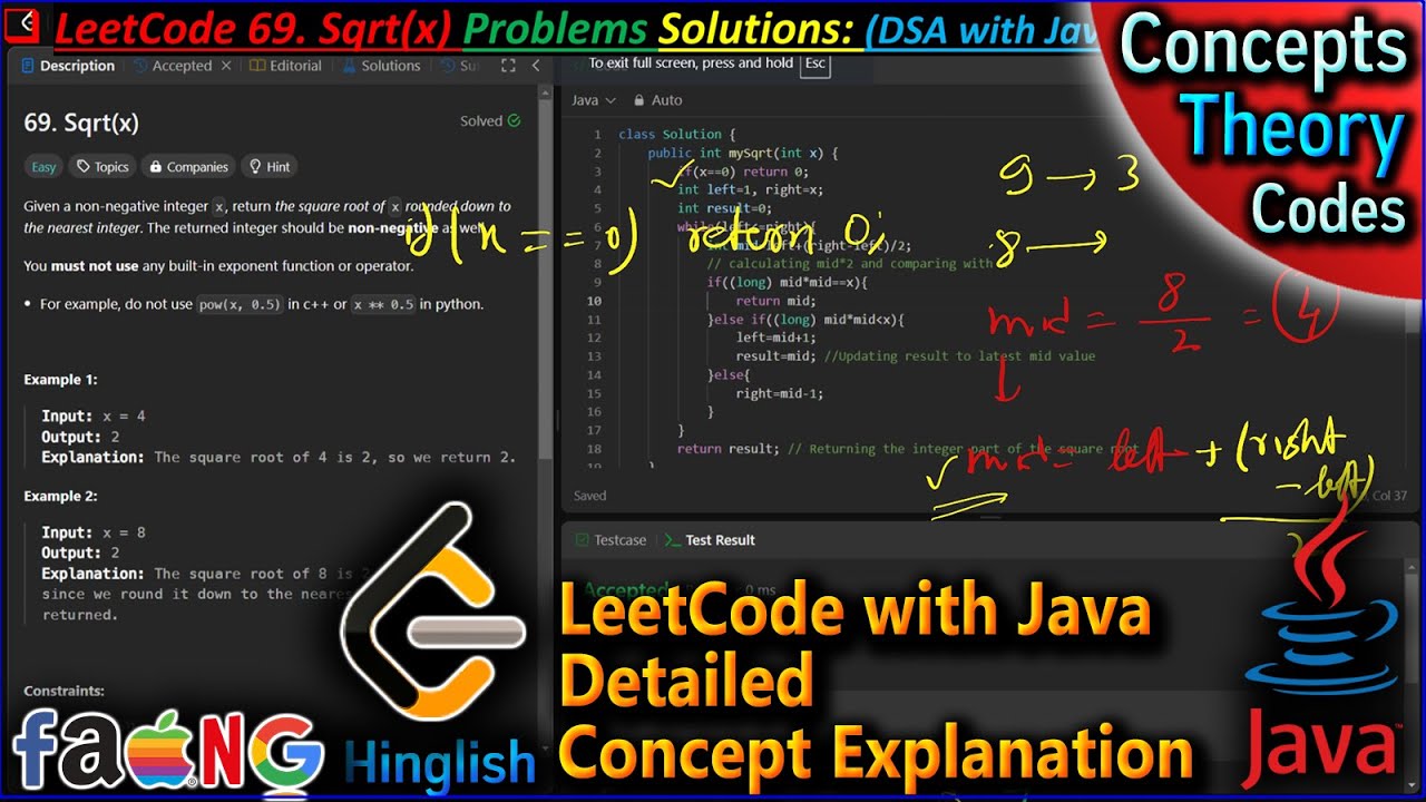 LeetCode 69 | Efficient Java Solution for Sqrt(x) | Binary Search & Code Walkthrough (Hindi/English)