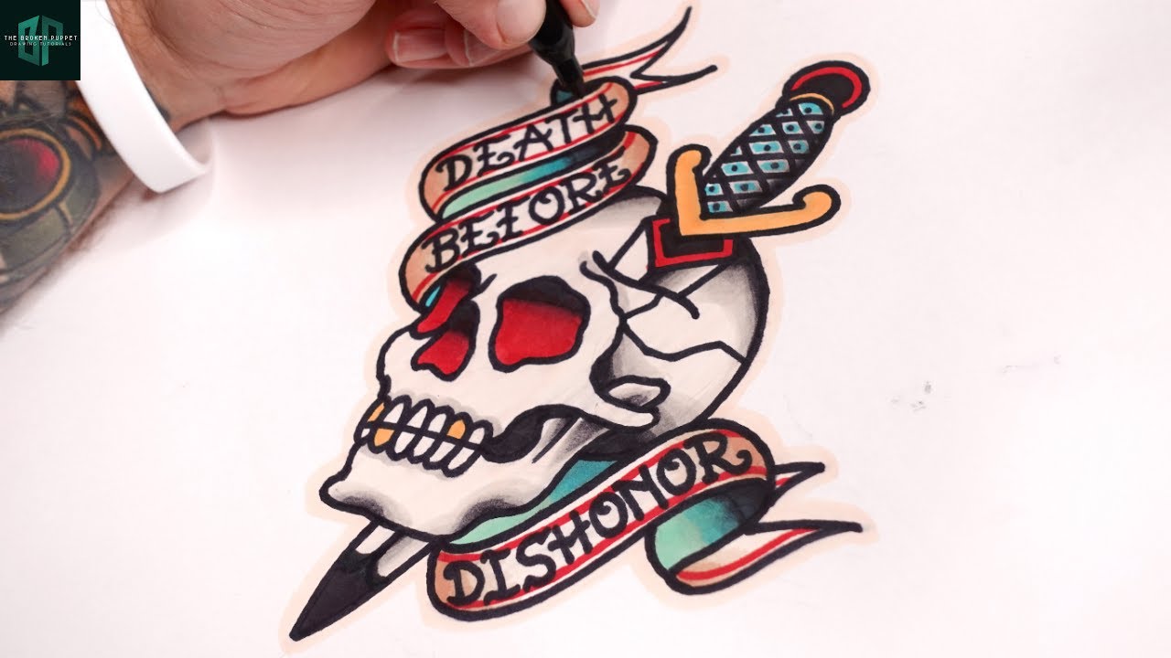 DEATH BEFORE DISHONOR! How to Draw Out a Tattoo Design of a Skull