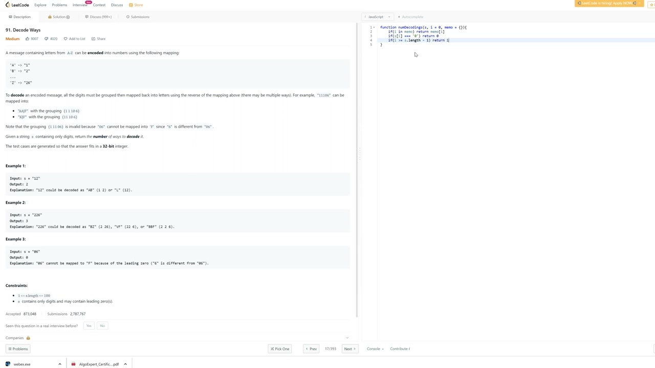 91. Decode Ways - JavaScript - Memoization