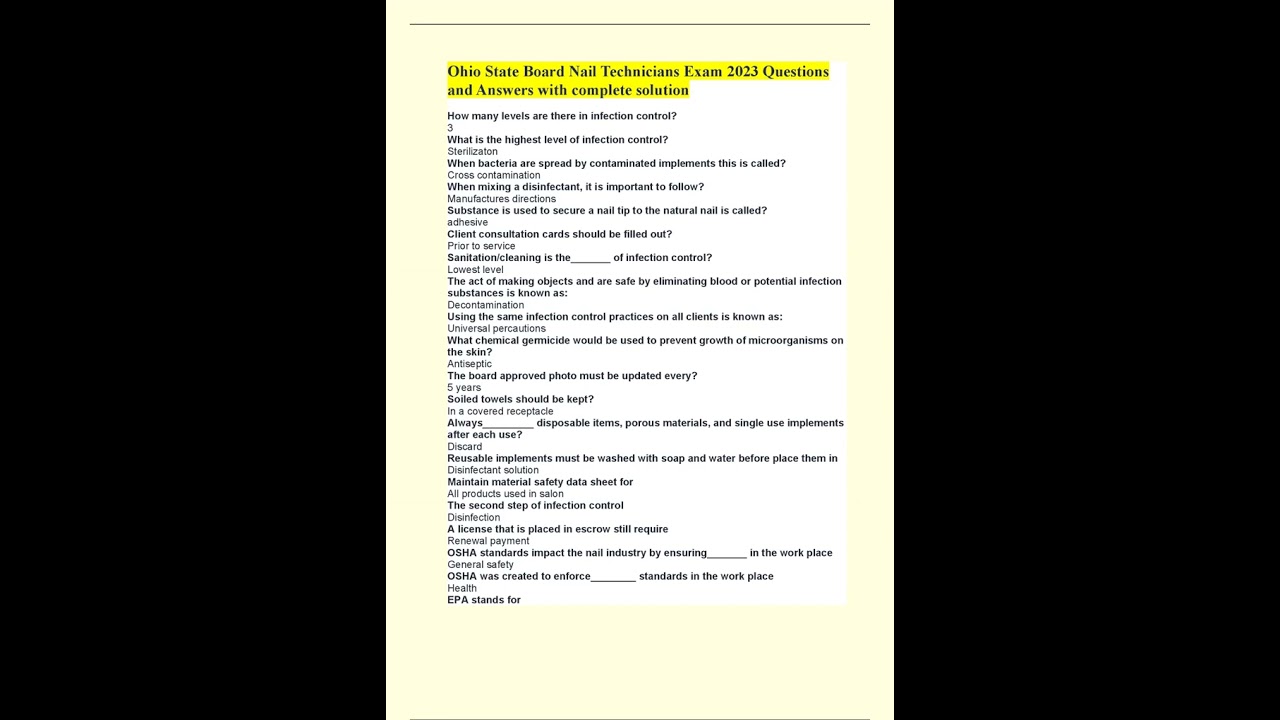 Ohio State Board Nail Technicians Exam 2023 Questions and Answers