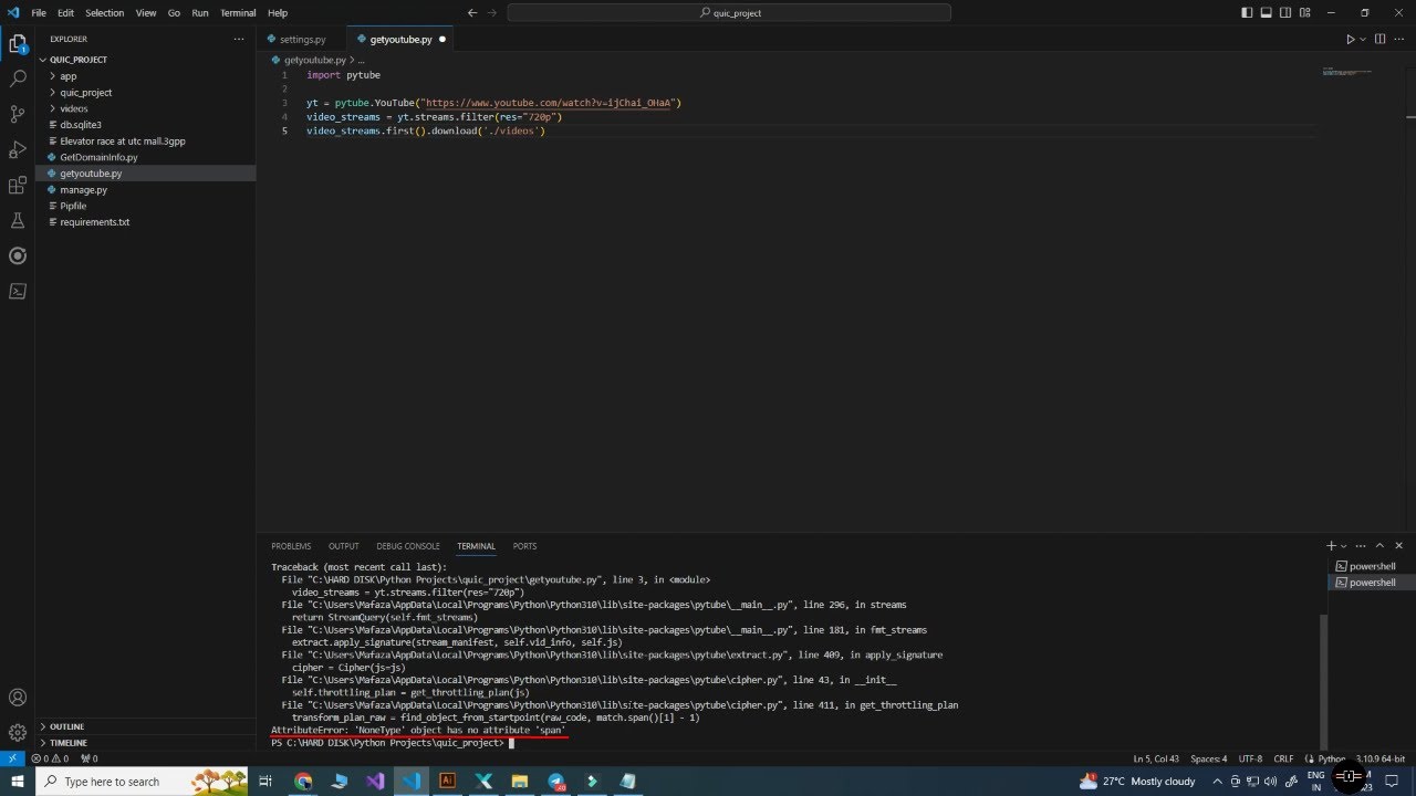 AttributeError: 'NoneType' object has no attribute 'span' for Pytube - Python