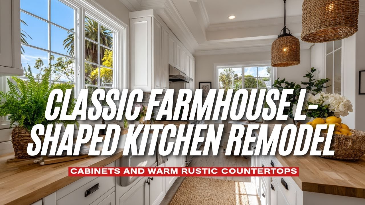 Classic Farmhouse L Shaped Kitchen Remodel with White Cabinets and Warm Rustic Countertops