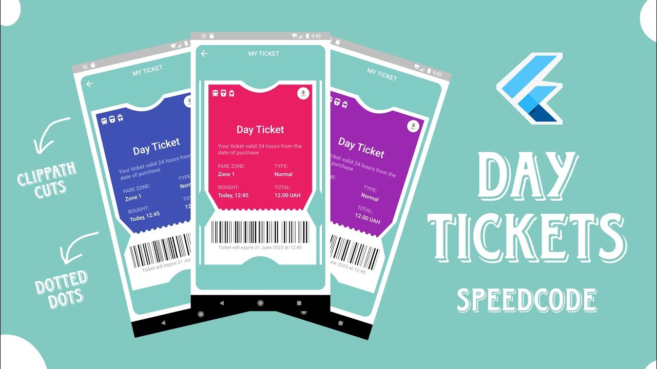 Flutter UI Design | Flutter Stack, ClipPath Cuts & Dotted dots | Day Tickets Design.