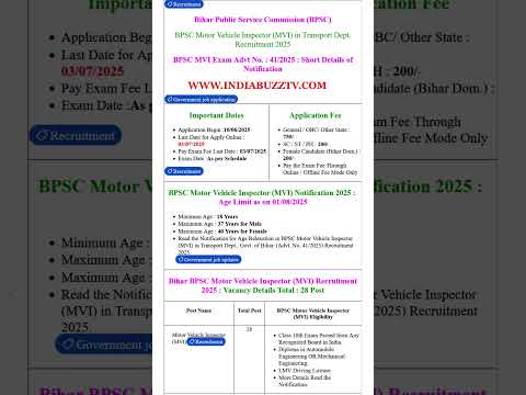 BPSC Motor Vehicle Inspector MVI Online Form 2025 #latestgovtjobs #shortsfeed #bihargovtjob #job