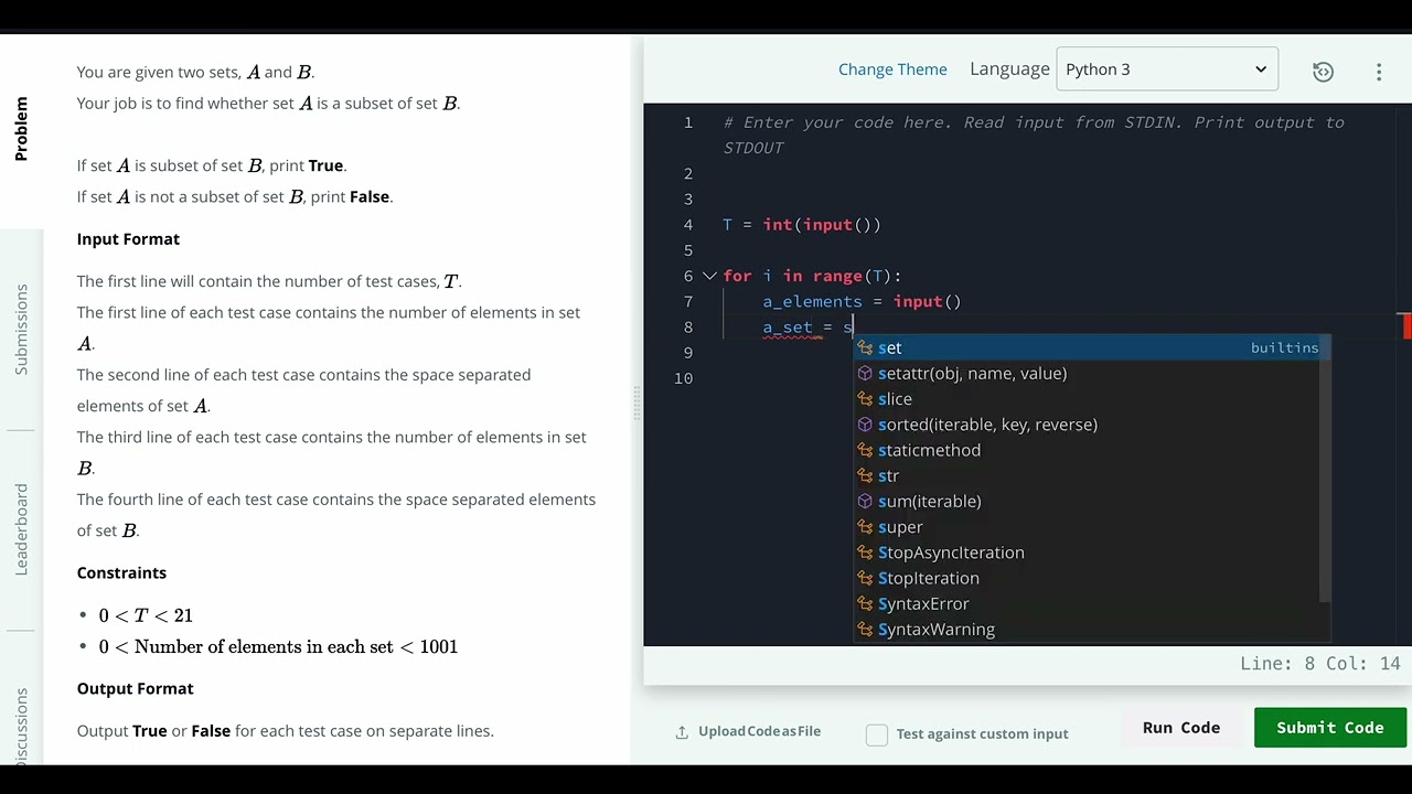 Hackerrank Python Solution #12 Sets - Python: Check Subset