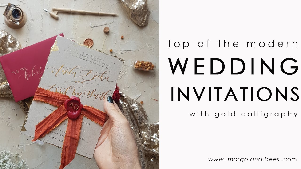 Modern calligraphy, gold ink and burgundy paper - perfect wedding invitations