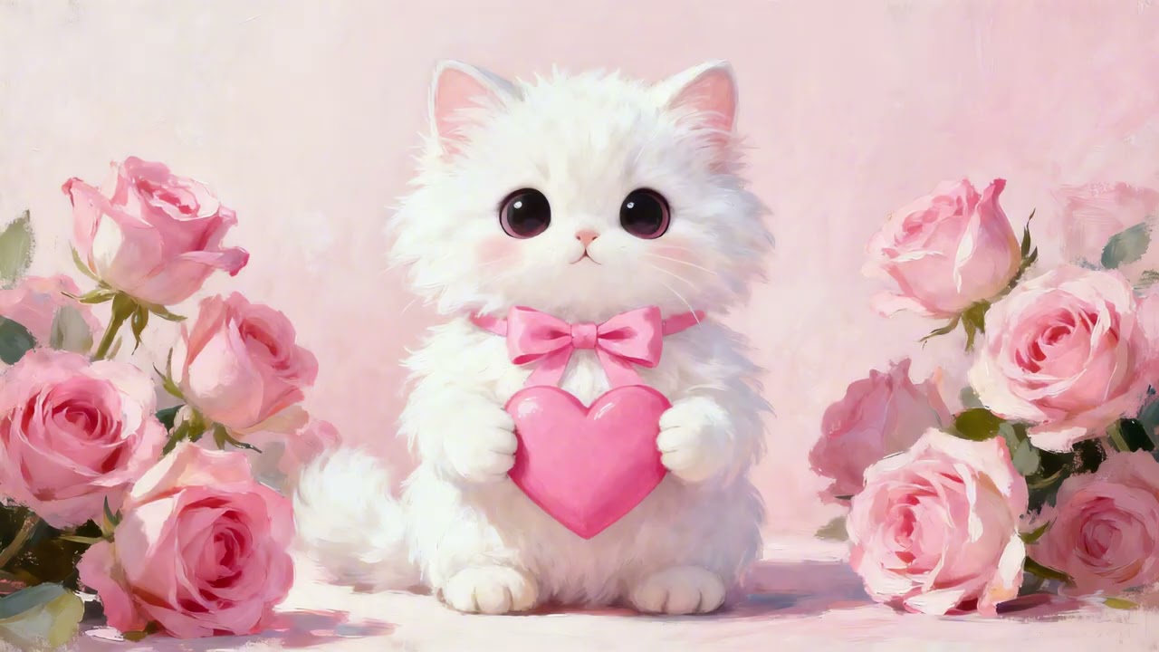 Cute cat & pink heart wallpaper ♡ girly coquette aesthetic pink roses background ambience