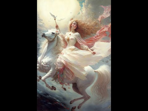 Asking an AI to draw: White whitch with long red Heir riding on pegasus in the sky