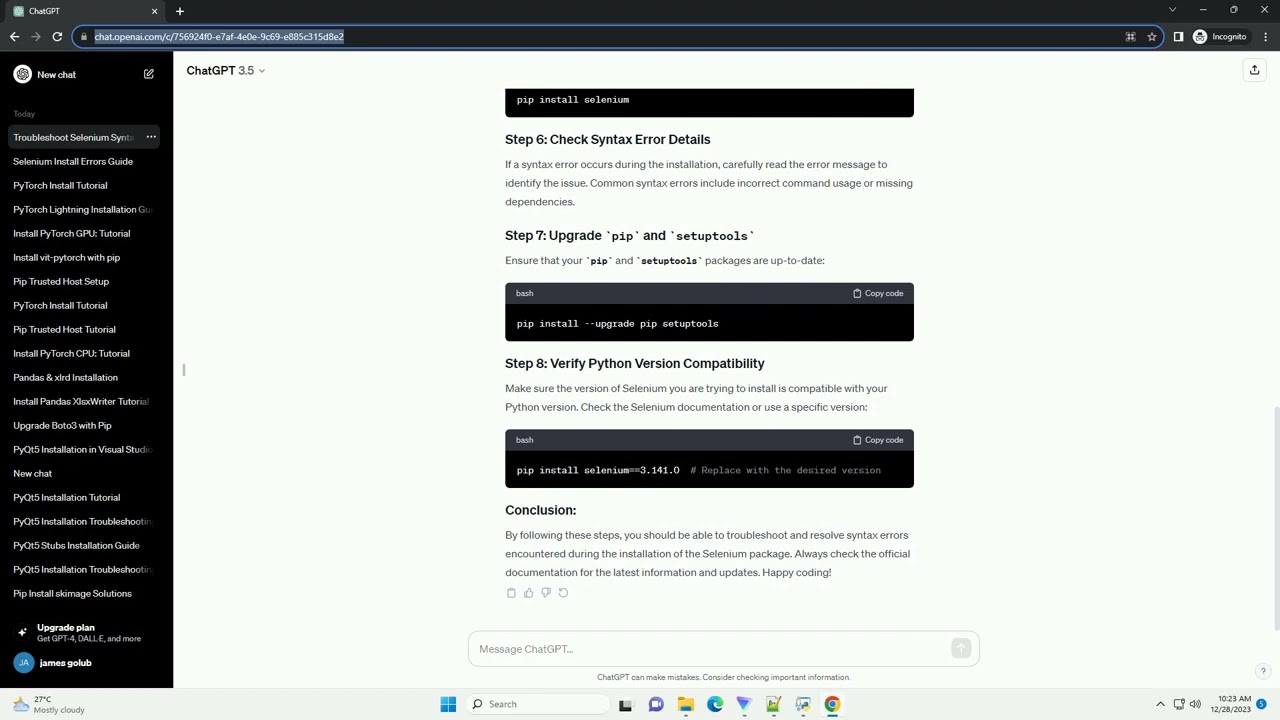 pip install selenium syntax error