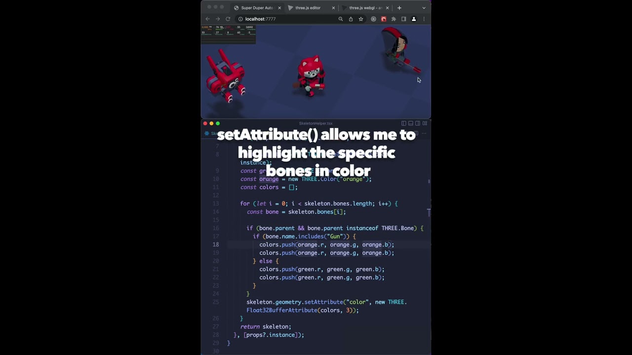 how to display the character skeleton in #threejs #tutorial #javascript #typescript #coding #react