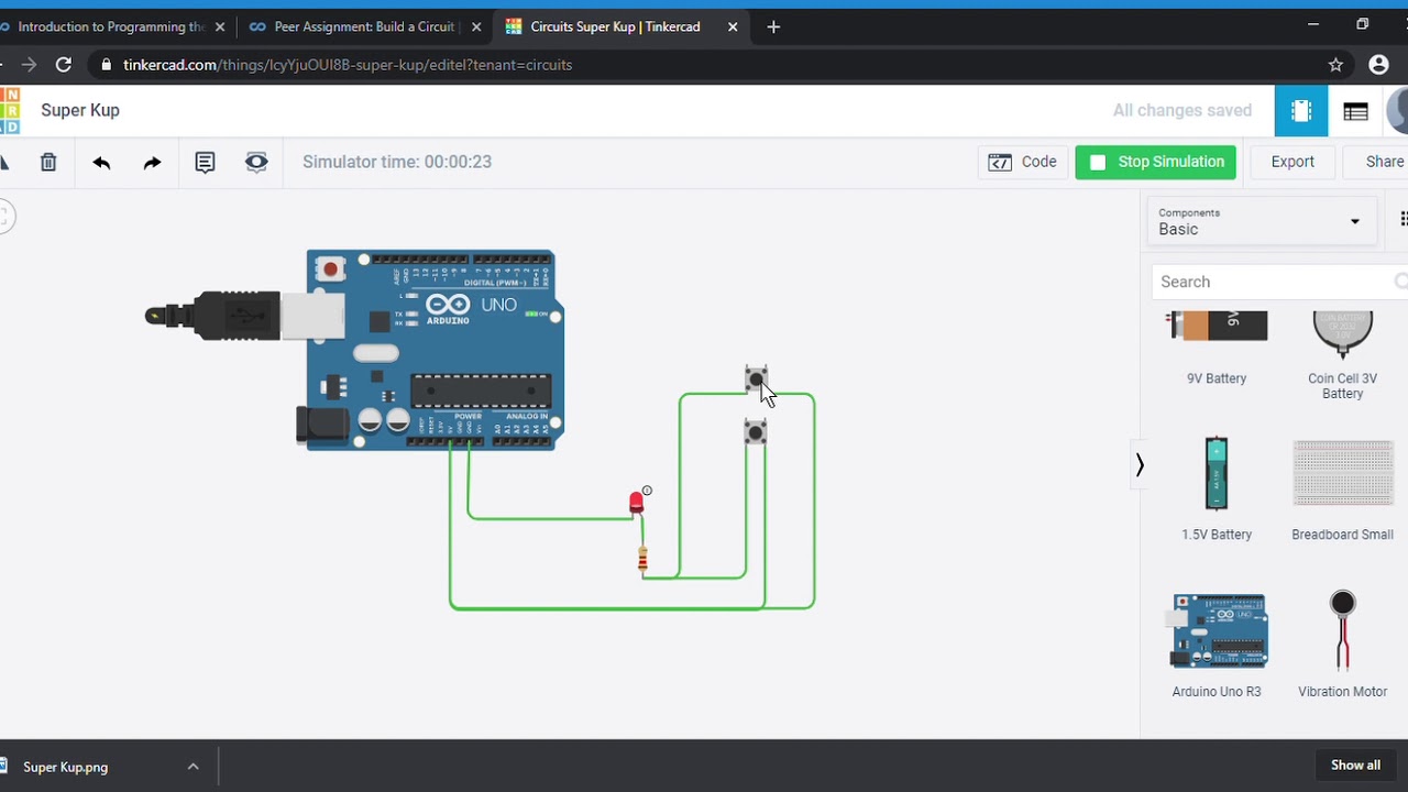 Tinkercad ) two push buttons and an LED )