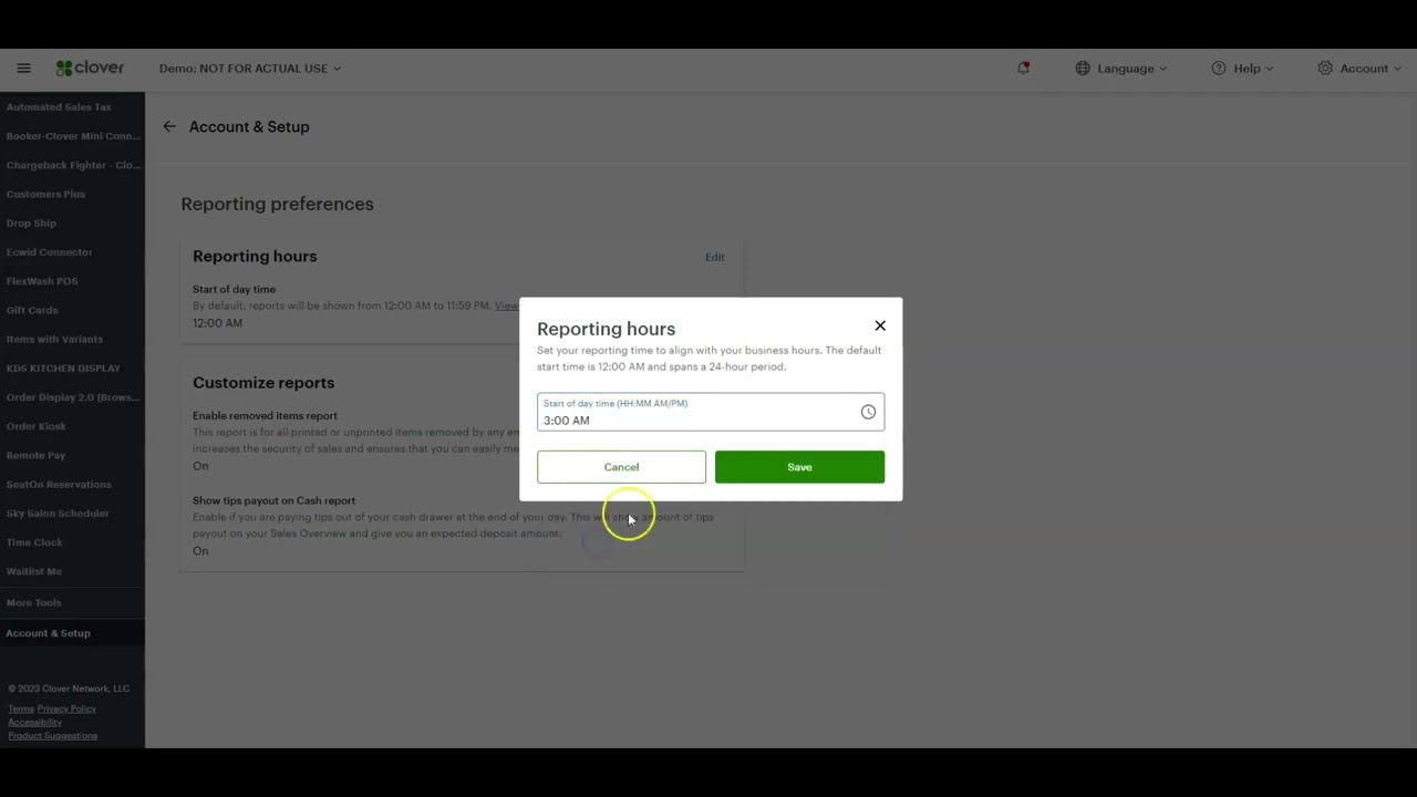 Clover POS - How to change reporting time on Clover Dashboard and Clover POS
