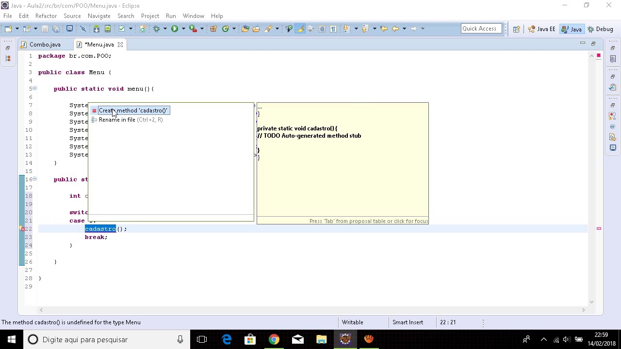 Método e Menu em java usando IDE Eclipse