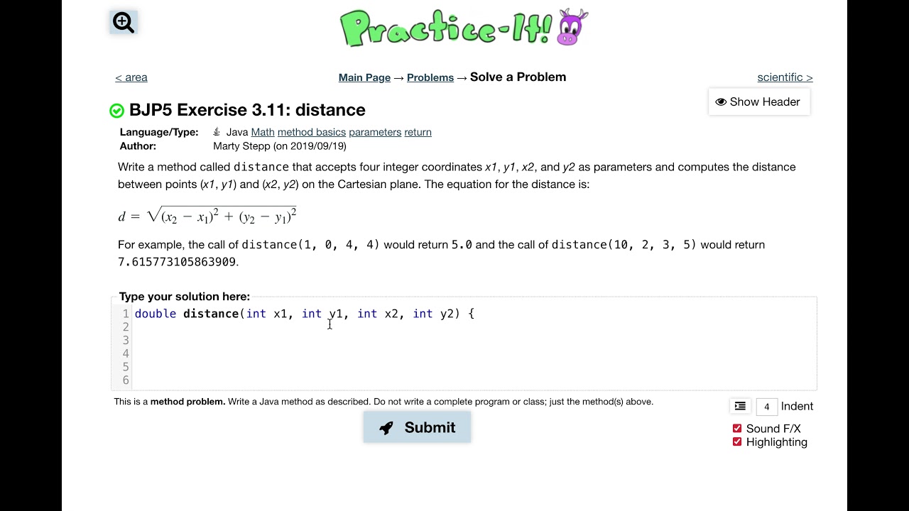 Exercise 3.11 (distance) Java Tutorial || Practice-It