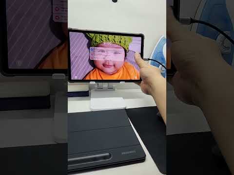 Samsung Tab S9 set up, with tablet stand, mouse, printer