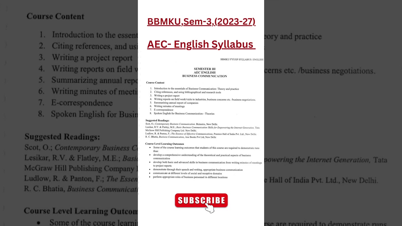 AEC- English Syllabus, Sem-3 (2023-27) BBMKU #bbmkusyllabus #aecenglish