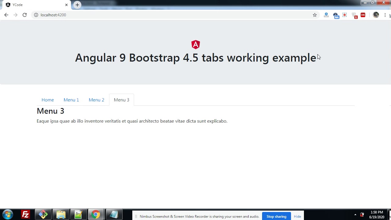 Angular 9 Bootstrap 4.5 tabs working example