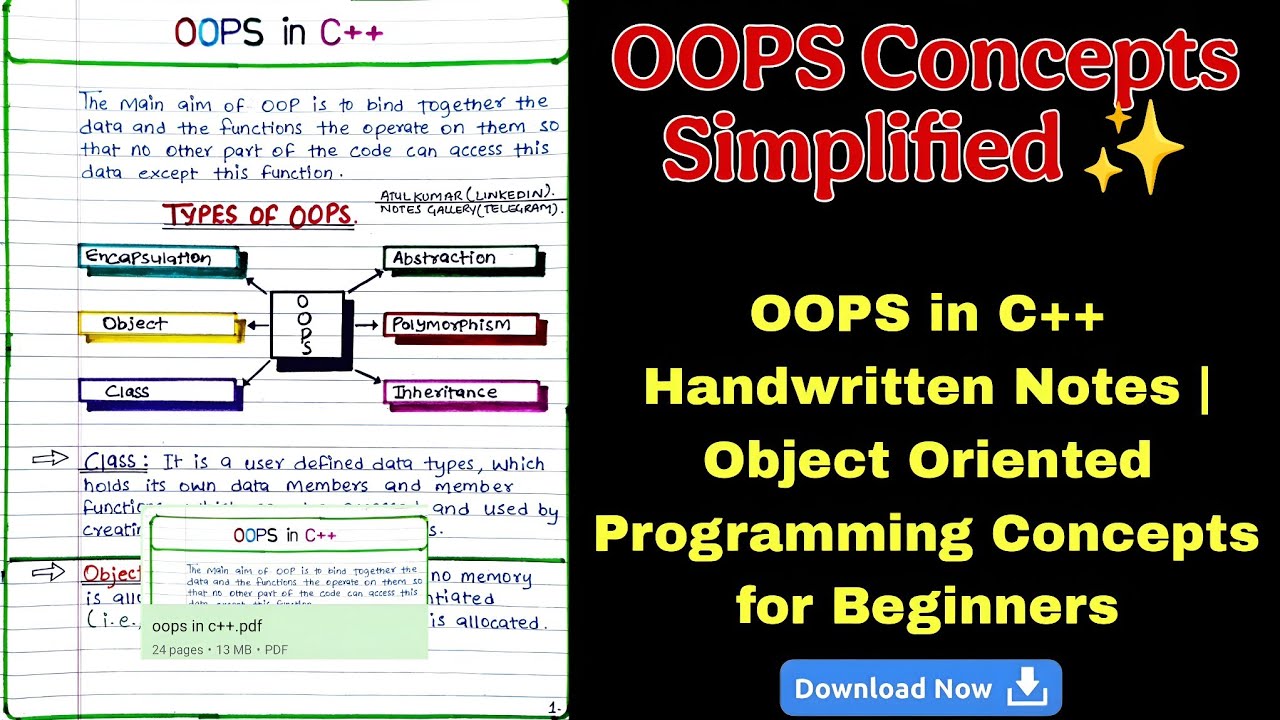 OOPS in C++ Handwritten Notes | Object Oriented Programming Concepts for Beginners