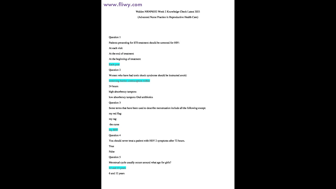 Walden NRNP6552 Week 2 Knowledge Check Latest 2021 (Advanced Nurse Practice in Reproductive Health