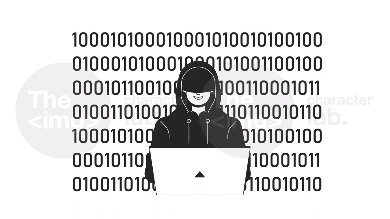 Hacker binary code bw outline 2D animation