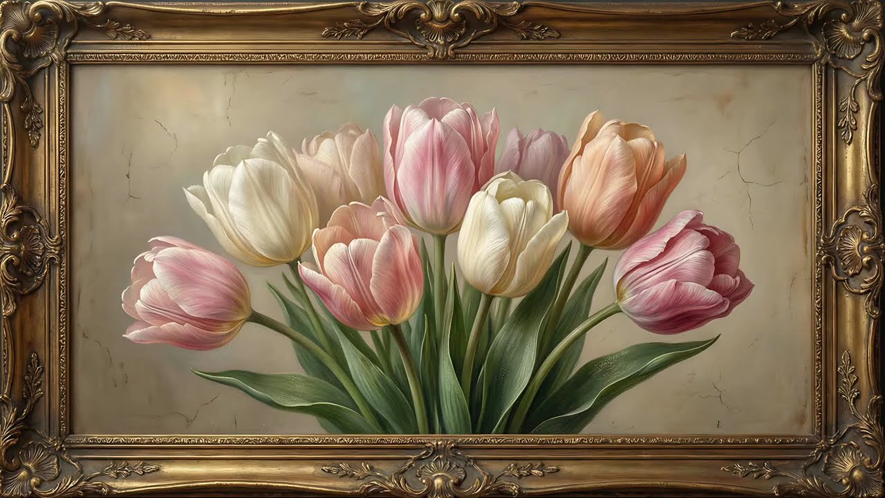 Pastel Tulips Bouquet Oil Painting | Gold Framed 4K Art Screensaver | Spring Floral TV Wallpaper