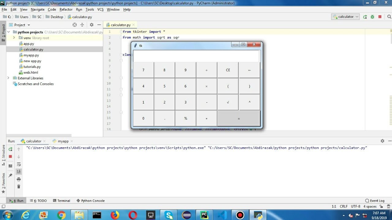 Complete Calculator in Python Tkinker Using PyCharm IDE