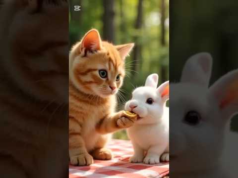 Cute fluffy orange cat 😺 and white rabbit 🐰Live together😍#animated #kitty #cartoon ||Look Cartoons||