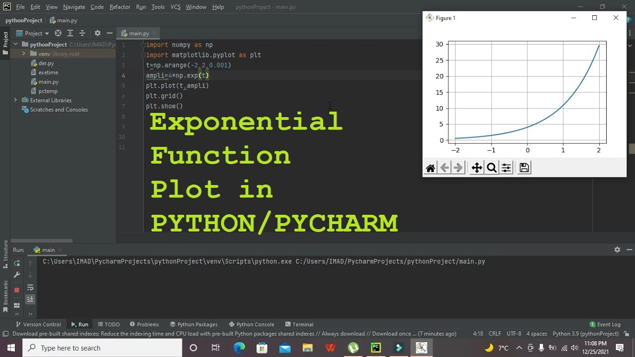 how to plot an exponential function in python | plotting exponential function in pycharm