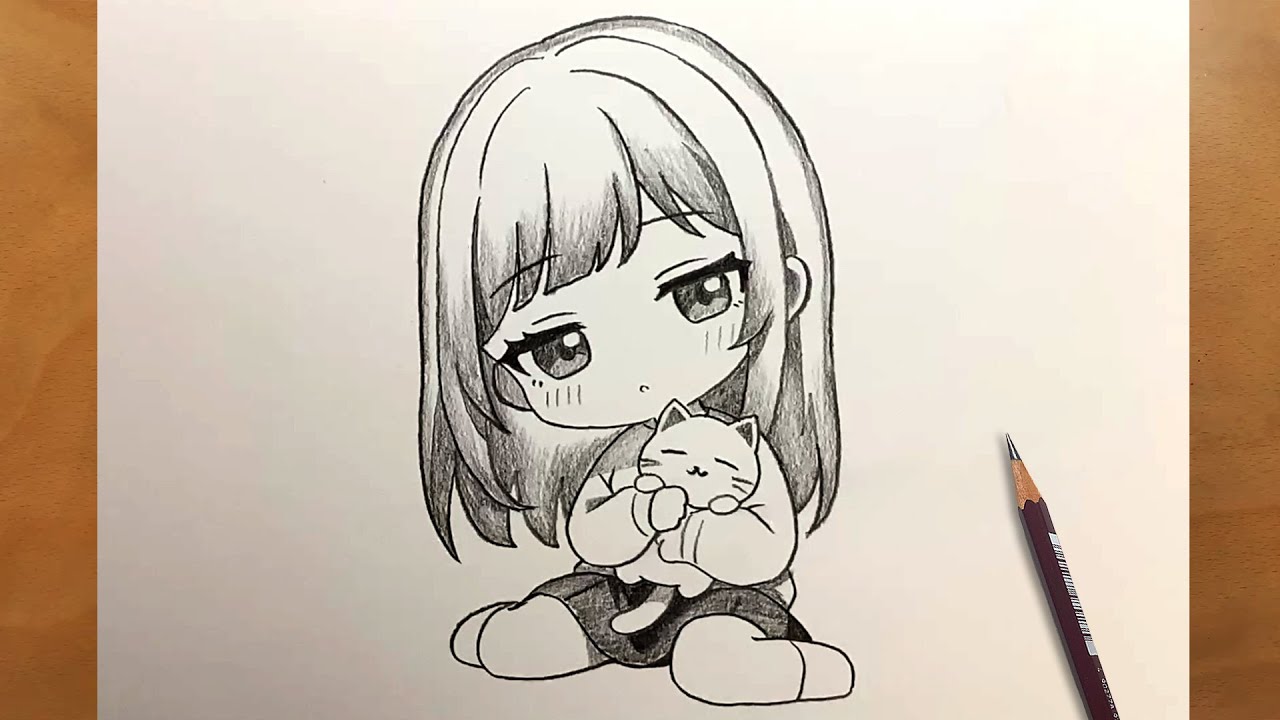 How to Draw a Cute Anime Girl with a Cat || Easy Chibi Drawing Tutorial