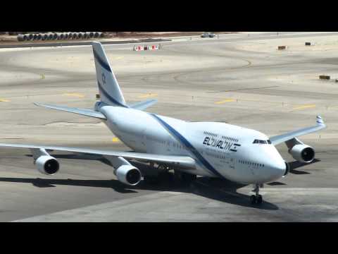 Elal Airlines Boeing 744 taxing to gate in terminal 3 at Bengurion airport-Israel