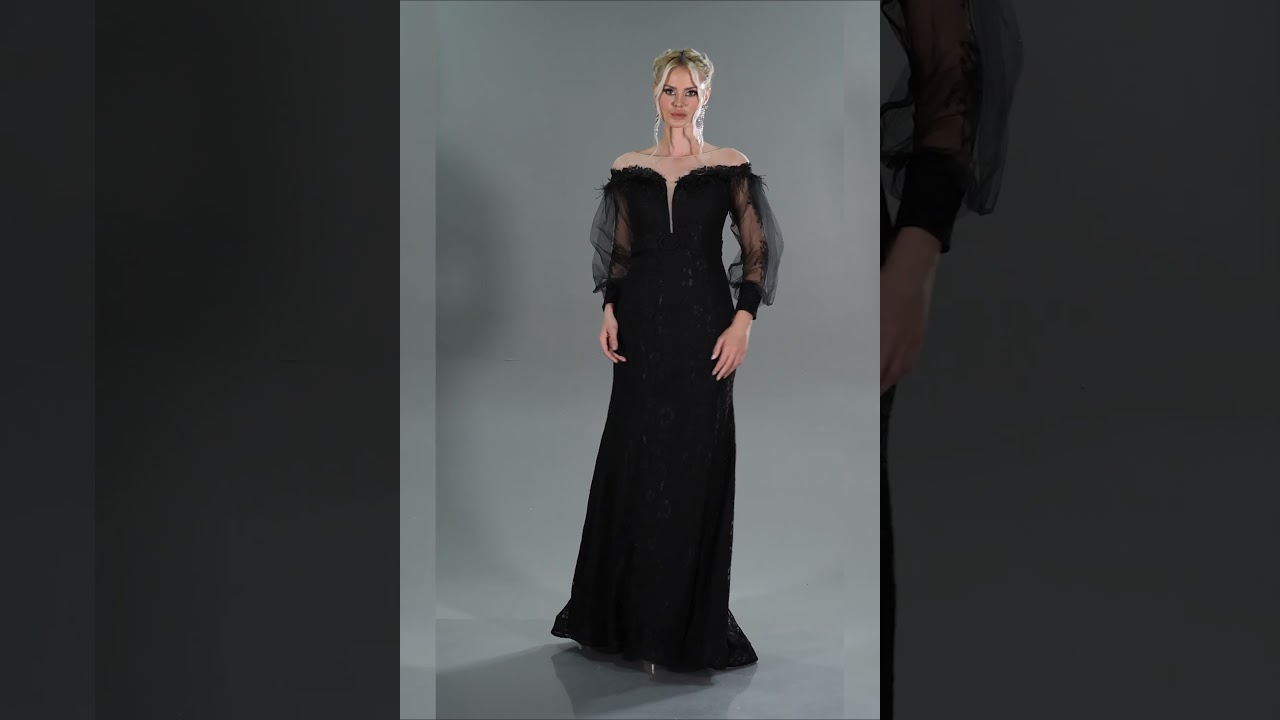 Siyah Uzun Kol Güpürlü Abiye Elbise ABU1940