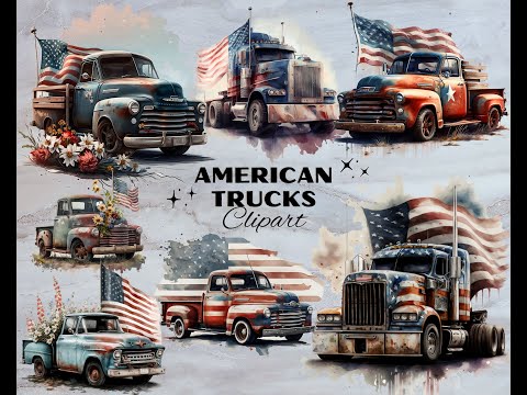 American 4th Of July Truck, American Trucks Watercolor Clipart For Scrapbooking, T-Shirt Design