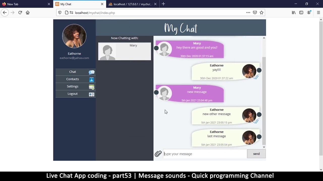 Live chat app | Part53 Message sounds | Javascript, AJAX, HTML, CSS, JSON, PHP, MYSQL Tutorial
