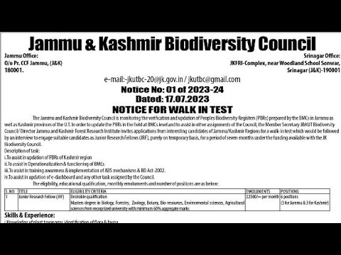 JRF Jobs // J&K Biodiversity Council // 06 Posts