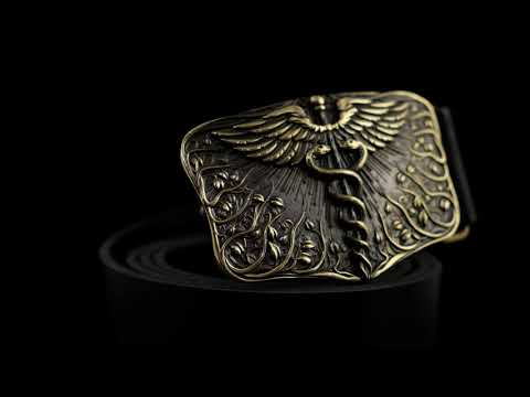 Leather belt with brass buckle “Caduceus” Шкіряний ремінь "Кадуцей".