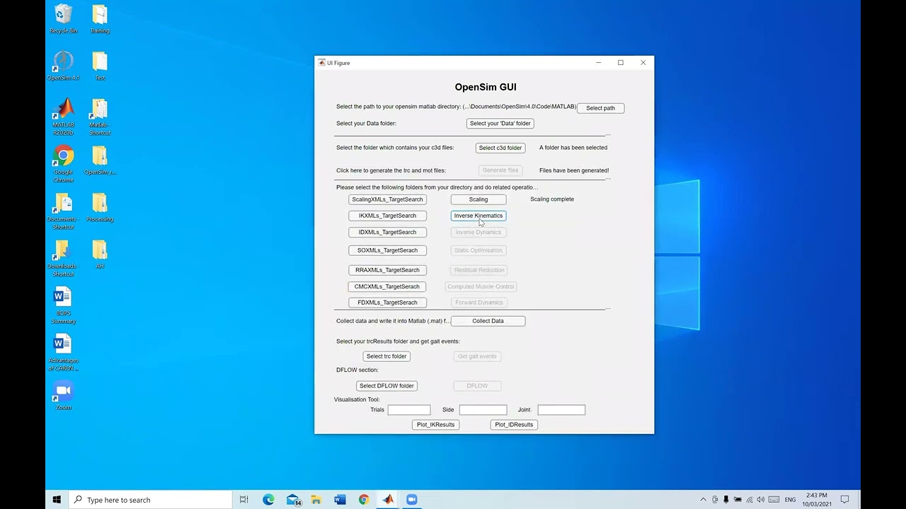 Using the CAREN to OpenSim via Matlab API & GUI