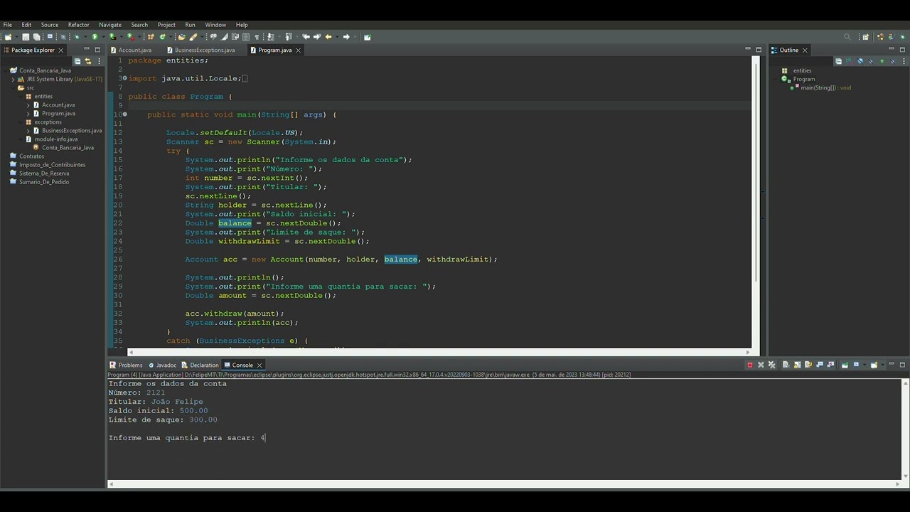 Projects To GitHub   Conta Bancaria Java src entities Program java   Eclipse IDE 2023 05 05 13 48 16