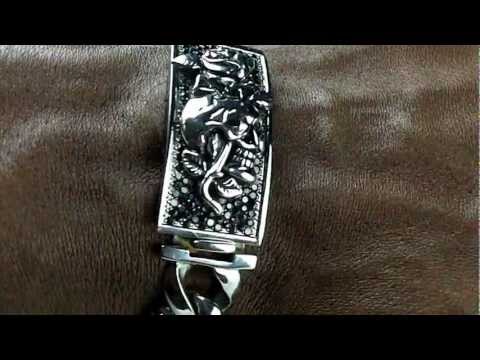 Surgical Stainless Steel Black Overlay Crystal Skull & Roses Biker Bracelet.MOV